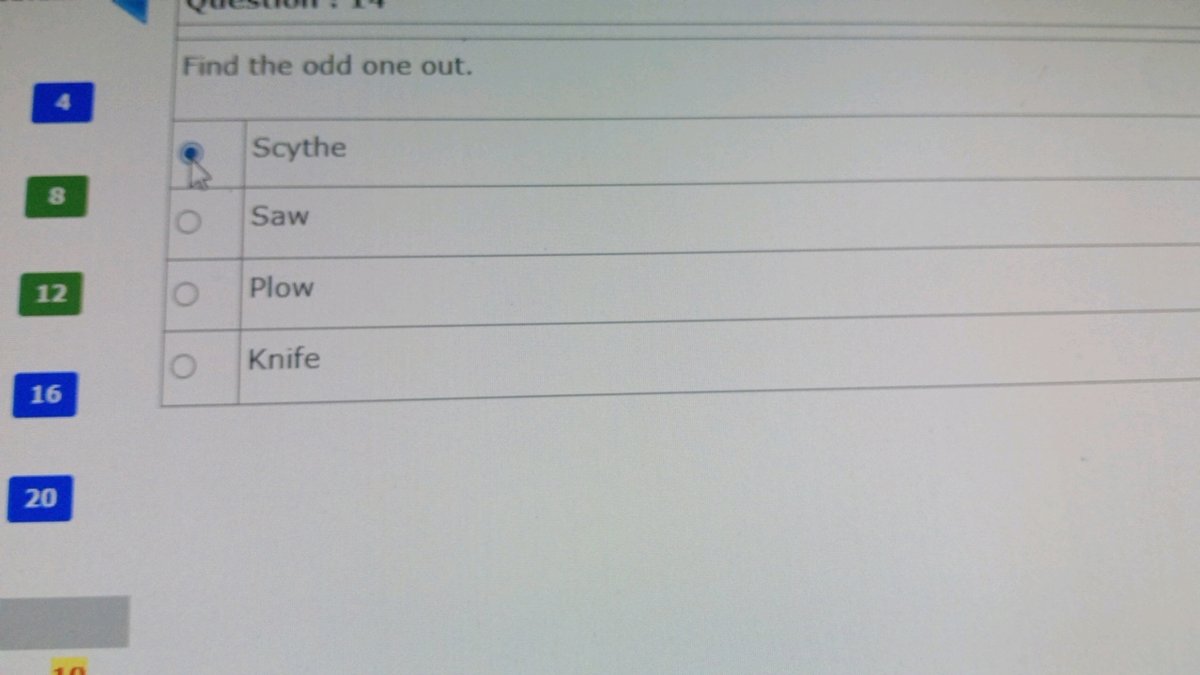 Find the odd one out. Options: Scythe Saw Plow Knife | Filo