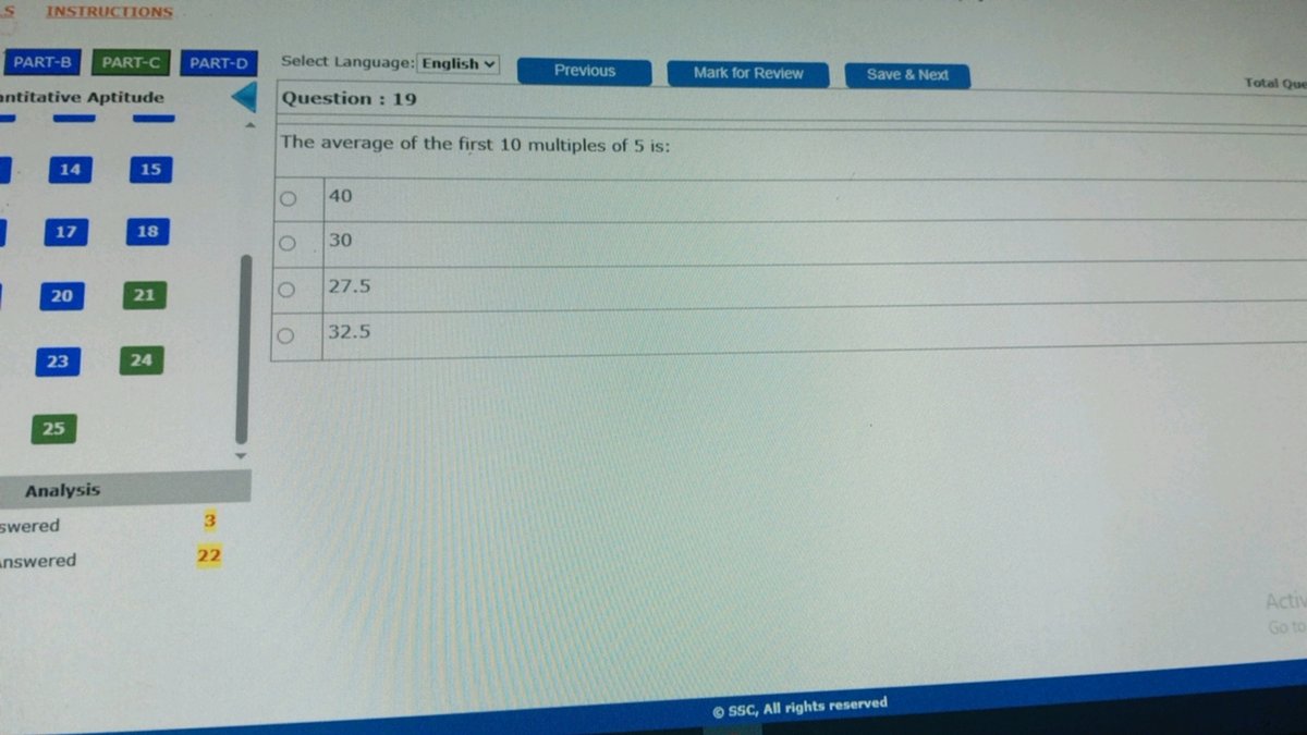 The average of the first 10 multiples of 5 is: A. 40 B. 30 C. 27.5 D. 32..