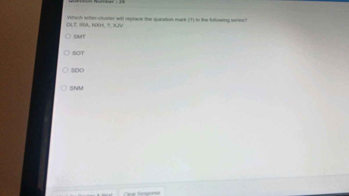 Which letter-cluster will replace the question mark (?) in the following
