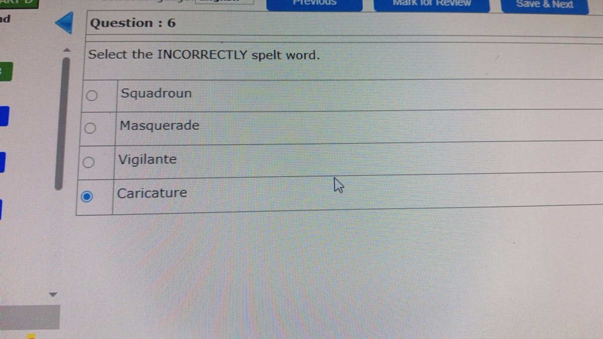Select the INCORRECTLY spelt word. Options: Squadroun Masquerade Vigilan..