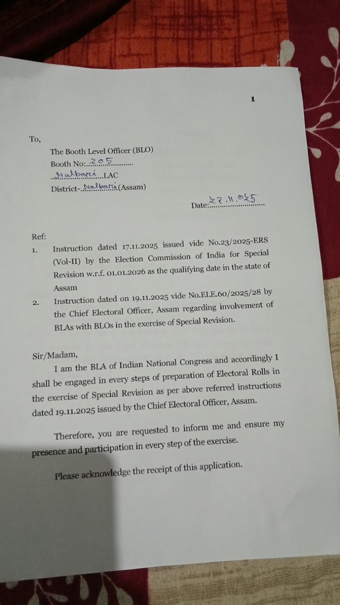 To, The Booth Level Officer (BLO) Booth No: 205 Nalbari LAC District- Nal..