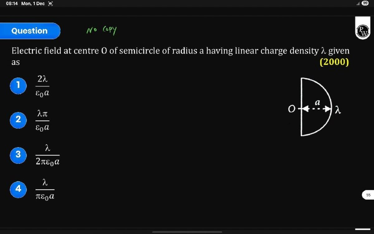 Electric field at centre O of semicircle of radius a having linear charge..