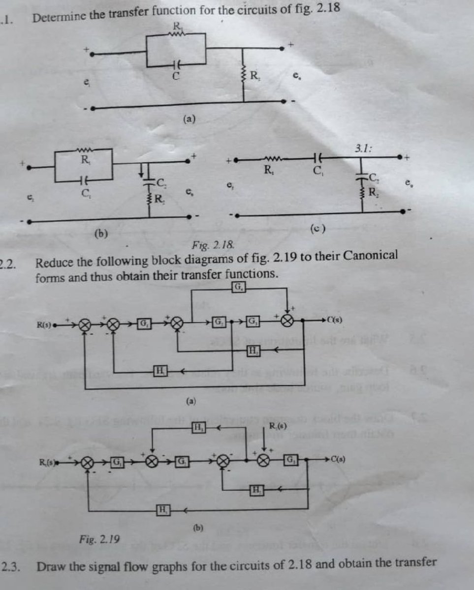 Determine the transfer function for the circuits of fig. 2.18 (a) (b) (c..