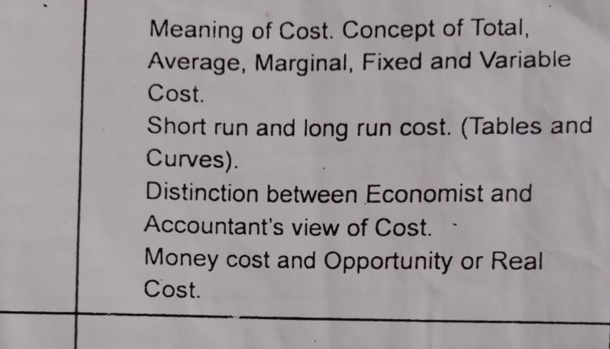 Meaning of Cost. Concept of Total, Average, Marginal, Fixed and Variable