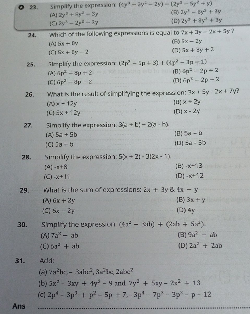Simplify the expression: (4y³ + 3y² - 2y) - (2y³ - 5y² + y) (A) 2y³ + 8y²..