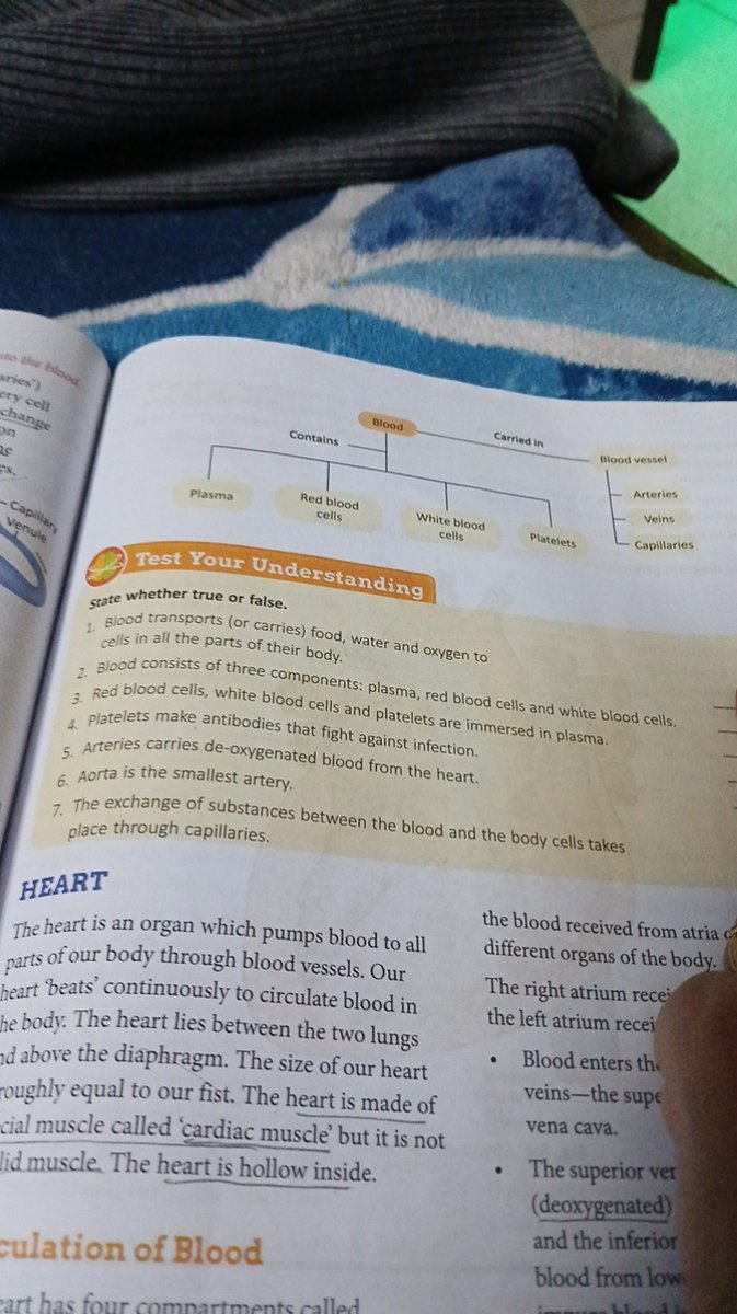 State whether true or false. Blood transports (or carries) food, water an..