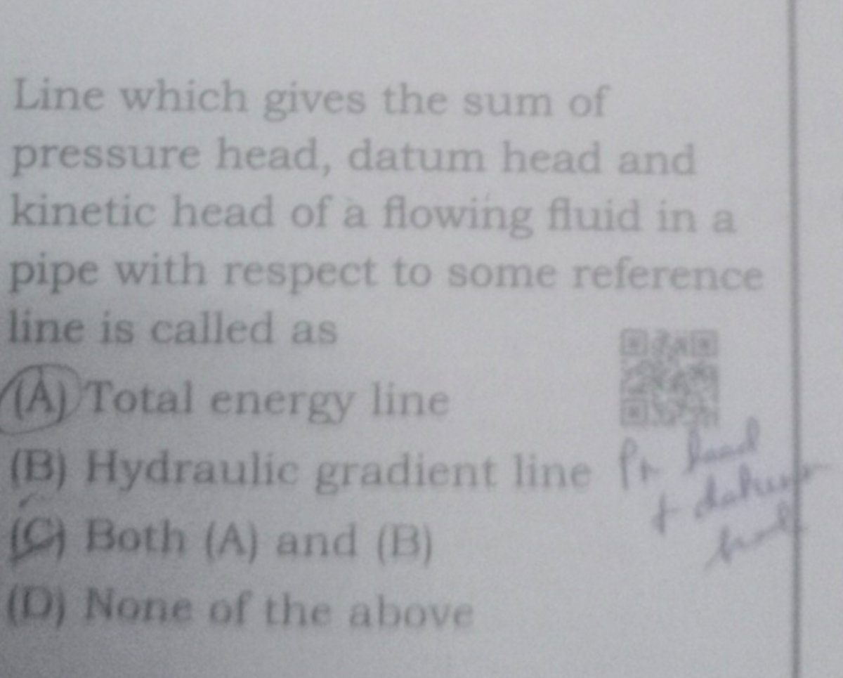 Line which gives the sum of pressure head, datum head and kinetic head of..