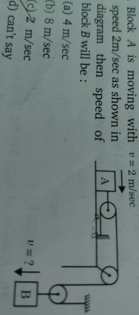 Block A is moving with v = 2 m/sec as shown in the diagram. Then the spee..