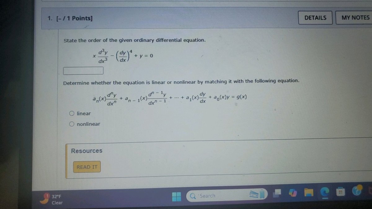 State the order of the given ordinary differential equation. x\frac{d^3y..