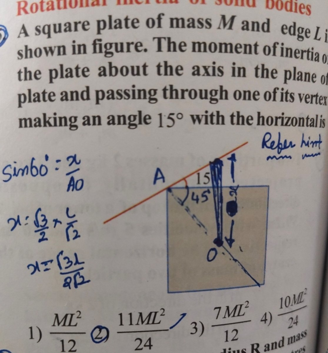 Ro A square plate of mass M and edge Li shown in figure. The moment of in..