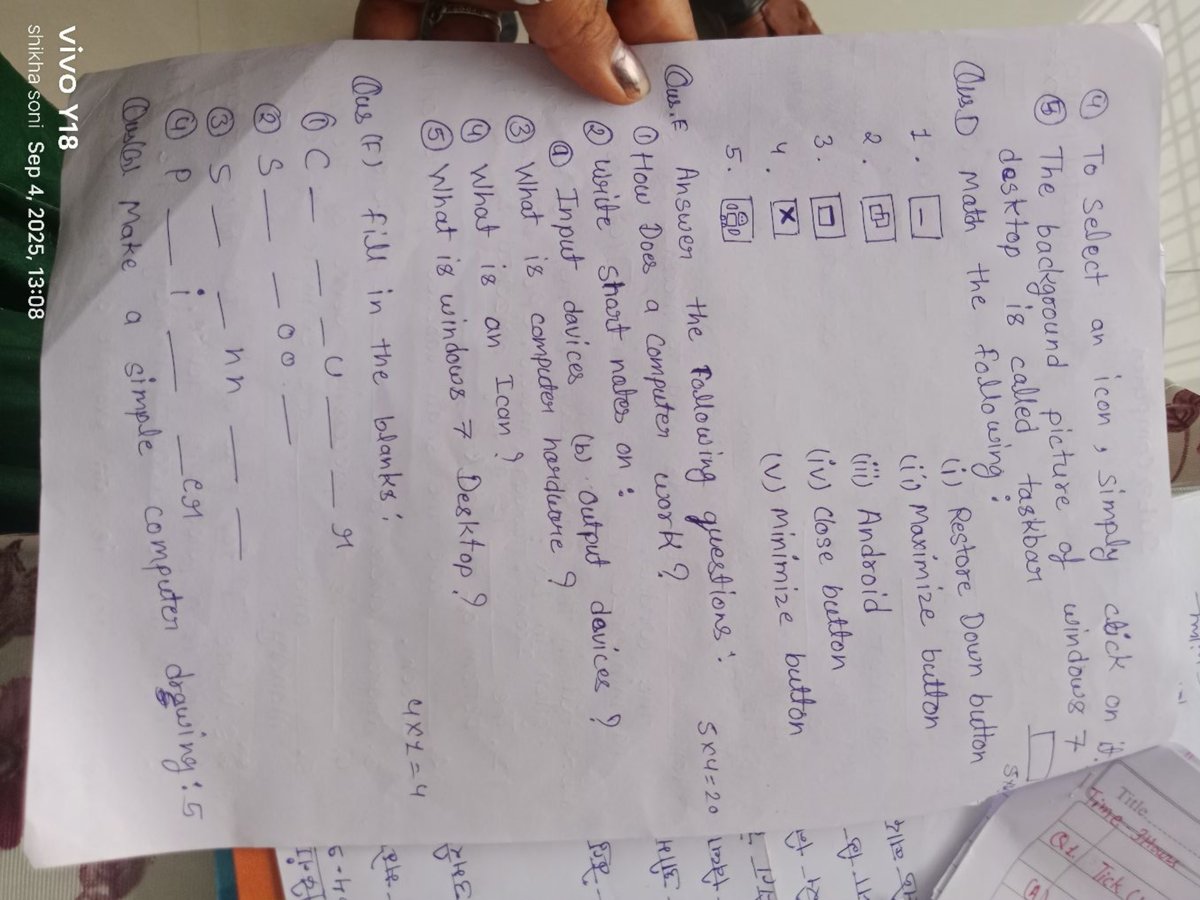 Class 6 - Computer Science Questions Q.D Match the following: (i) Resto..