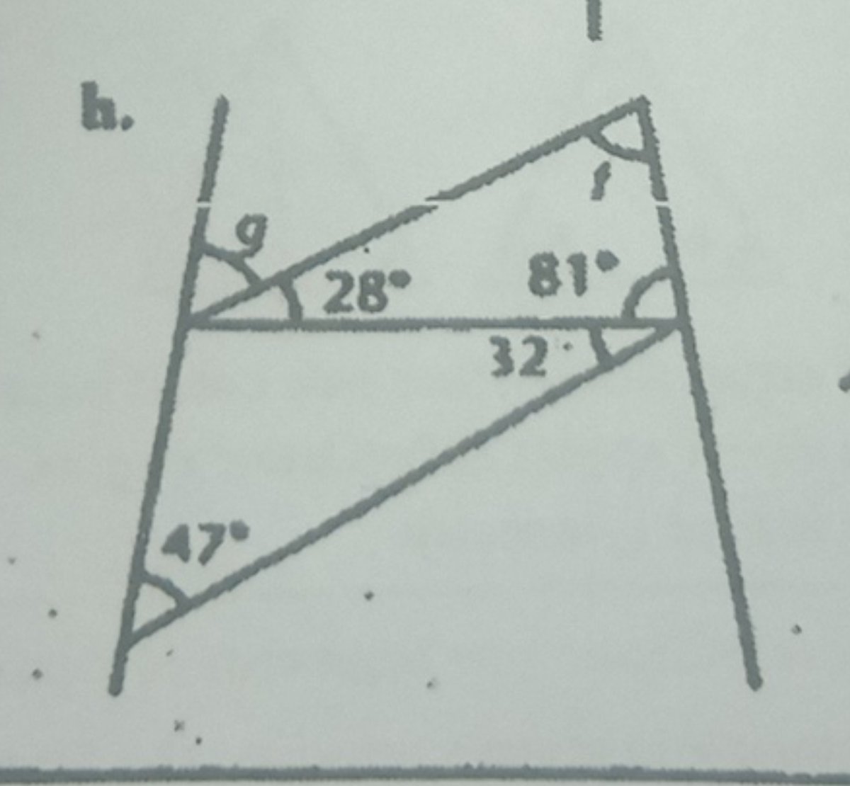The image shows a diagram with several angles labeled. Find the values of..