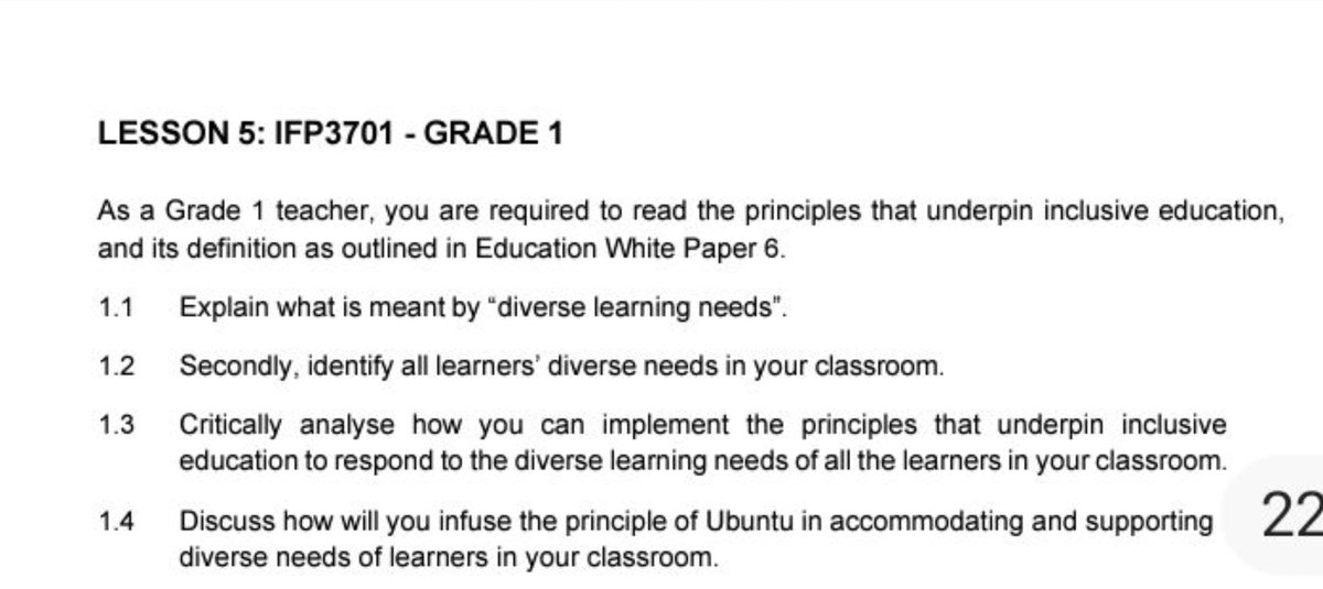 LESSON 5: IFP3701 - GRADE 1 As a Grade 1 teacher, you are required to re..