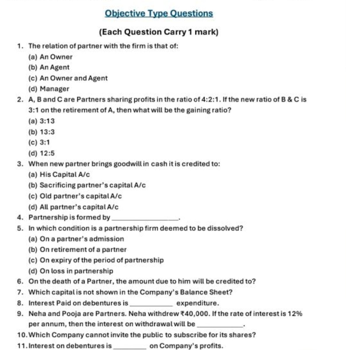 Objective Type Questions (Each Question Carry 1 mark) The relation of pa..
