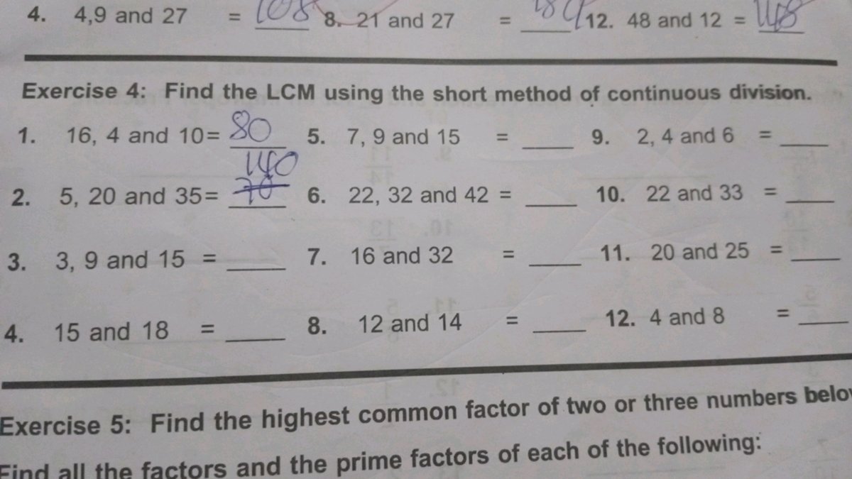 Exercise 4: Find the LCM using the short method of continuous division. 1..