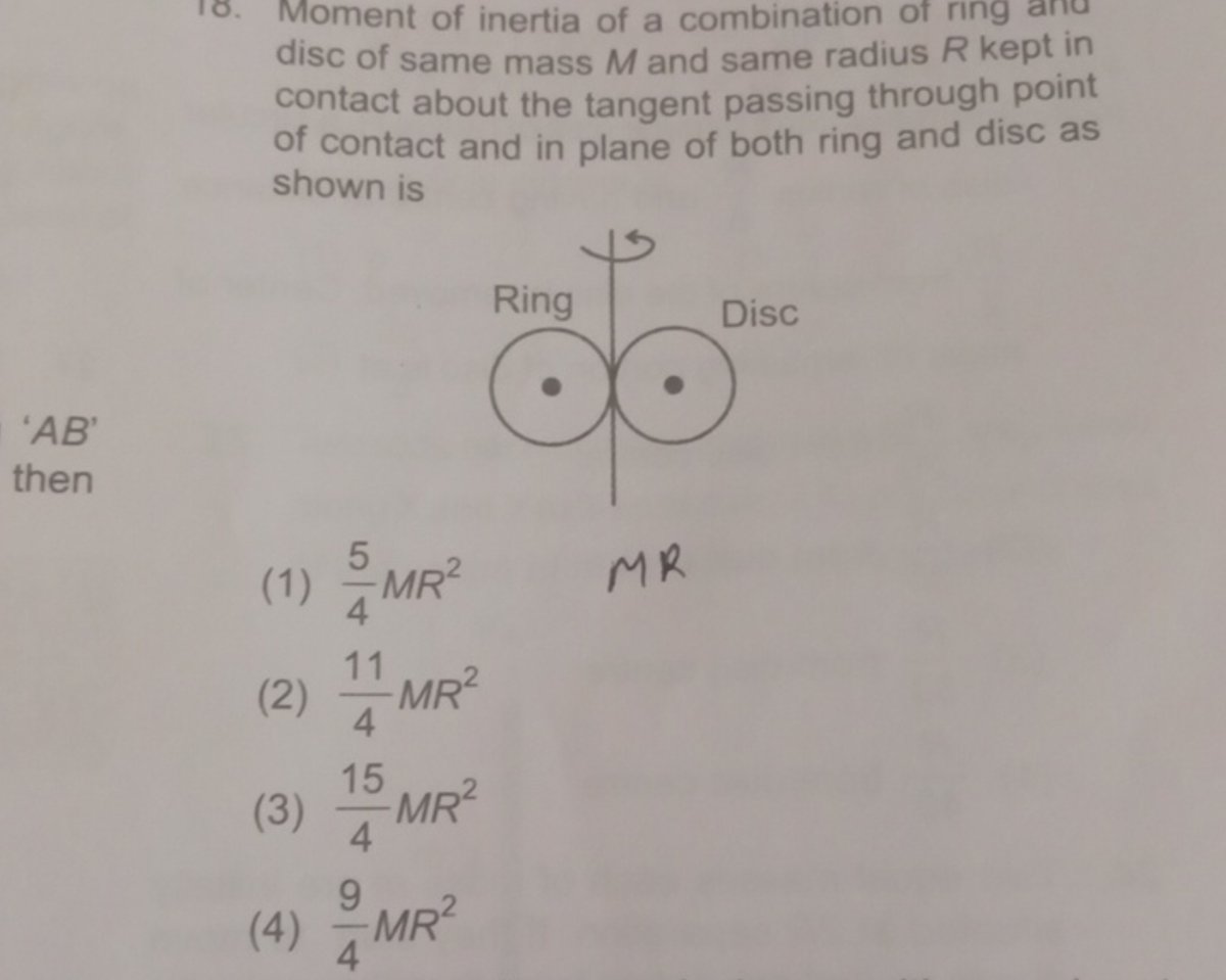 Moment of inertia of a combination of ring and disc of same mass M and sa..