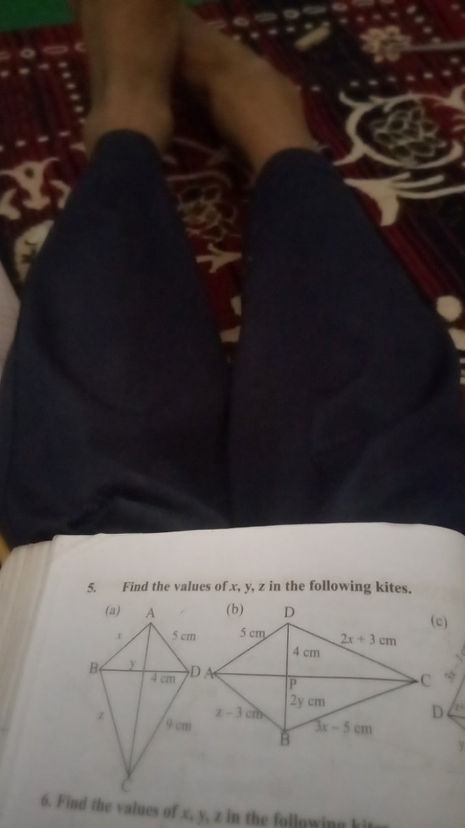 Find the values of x, y, z in the following kites. (a) Diagram of a kite..