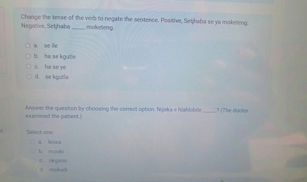 Change the tense of the verb to negate the sentence. Positive, Setjhaba s..