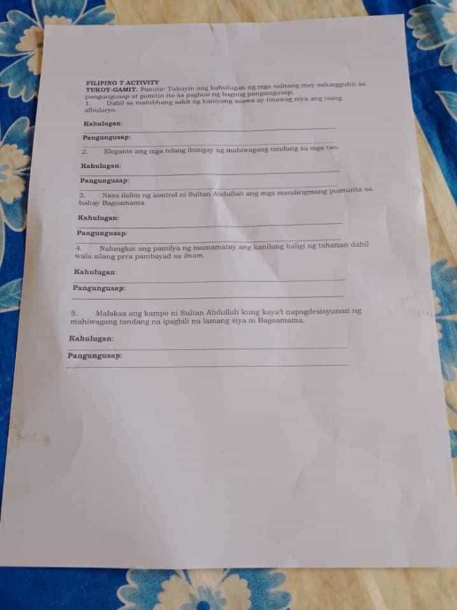 FILIPINO 7 ACTIVITY TUKOY-GAMIT. Panuto: Tukuyin ang kahulugan ng mga sal..