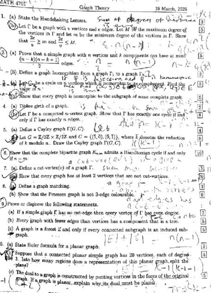 MATH 4701 Graph Theory 19 March, 2025 (a) State the Handshaking Lemma.