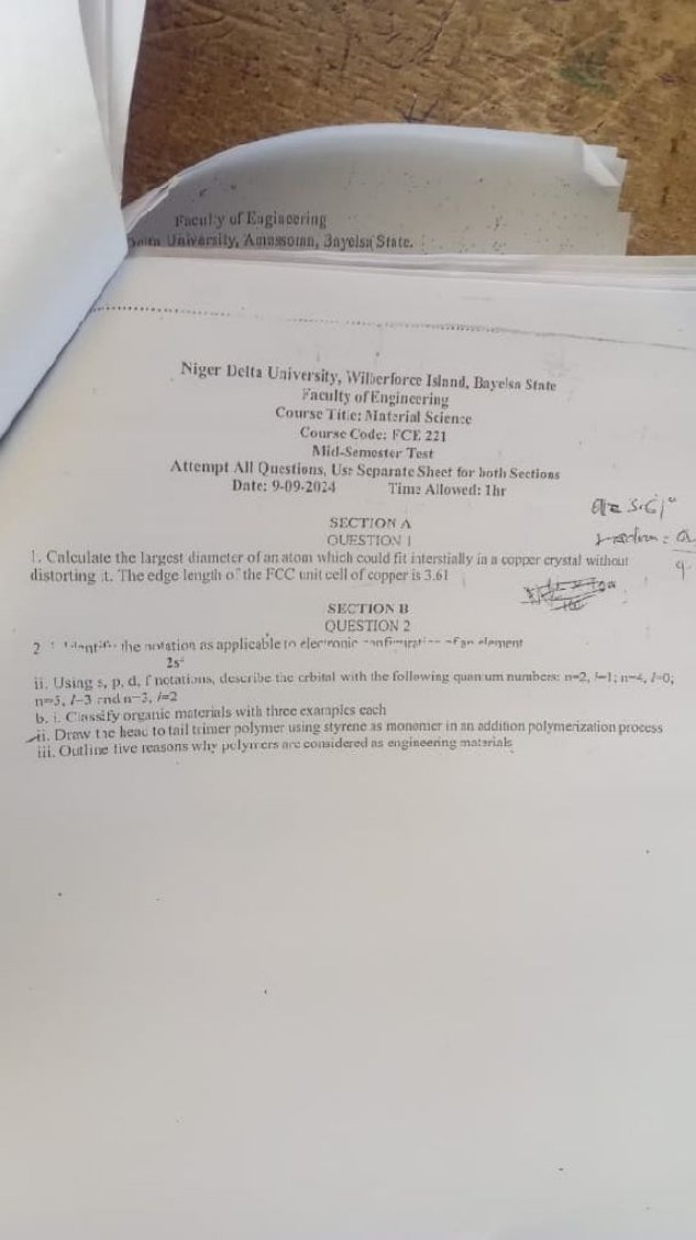 Here are the questions from a Mid-Semester Test in Material Science: SEC..