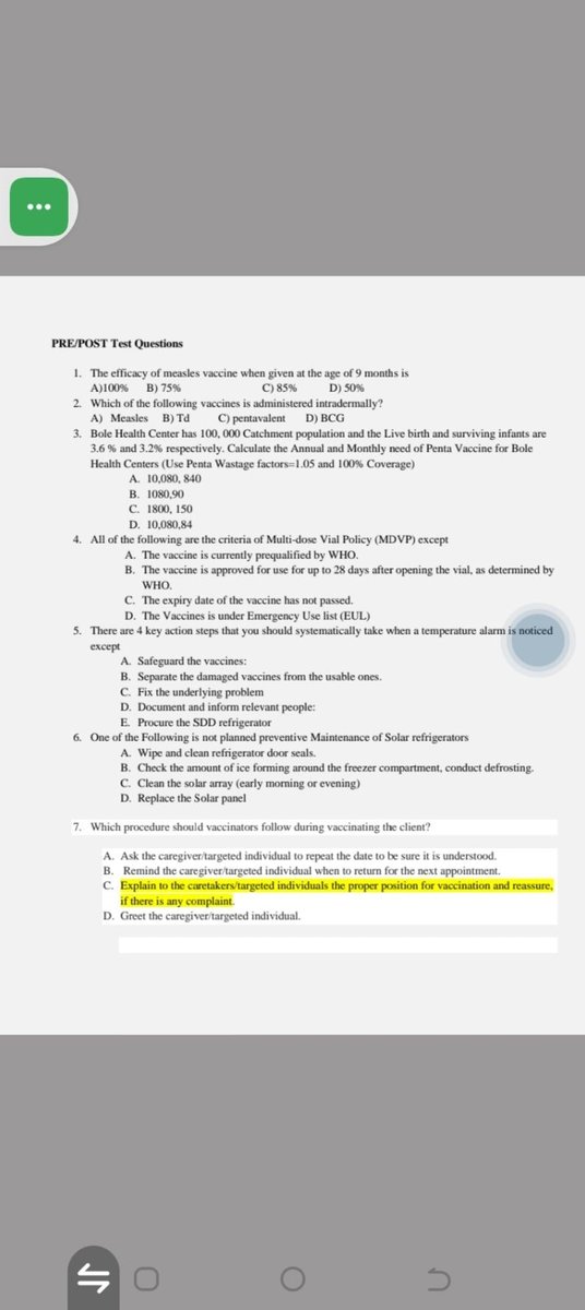 PRE/POST Test Questions The efficacy of measles vaccine when given at th..