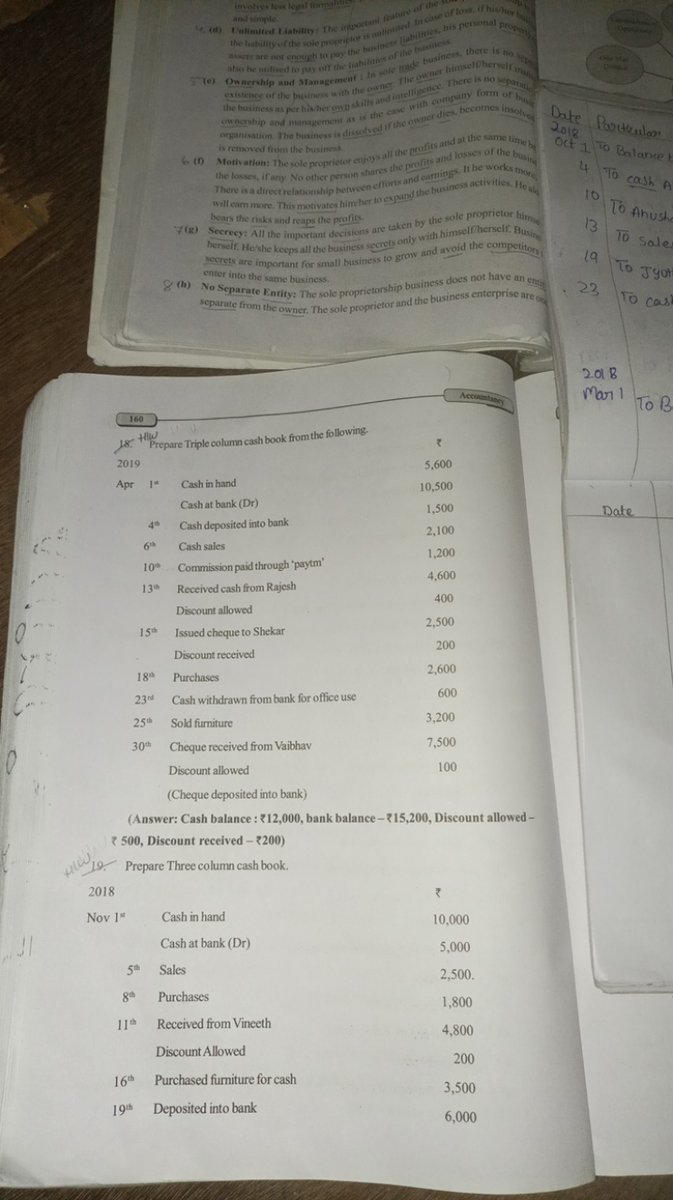 Prepare Triple column cash book from the following: 2019 Apr 1st Cash i..