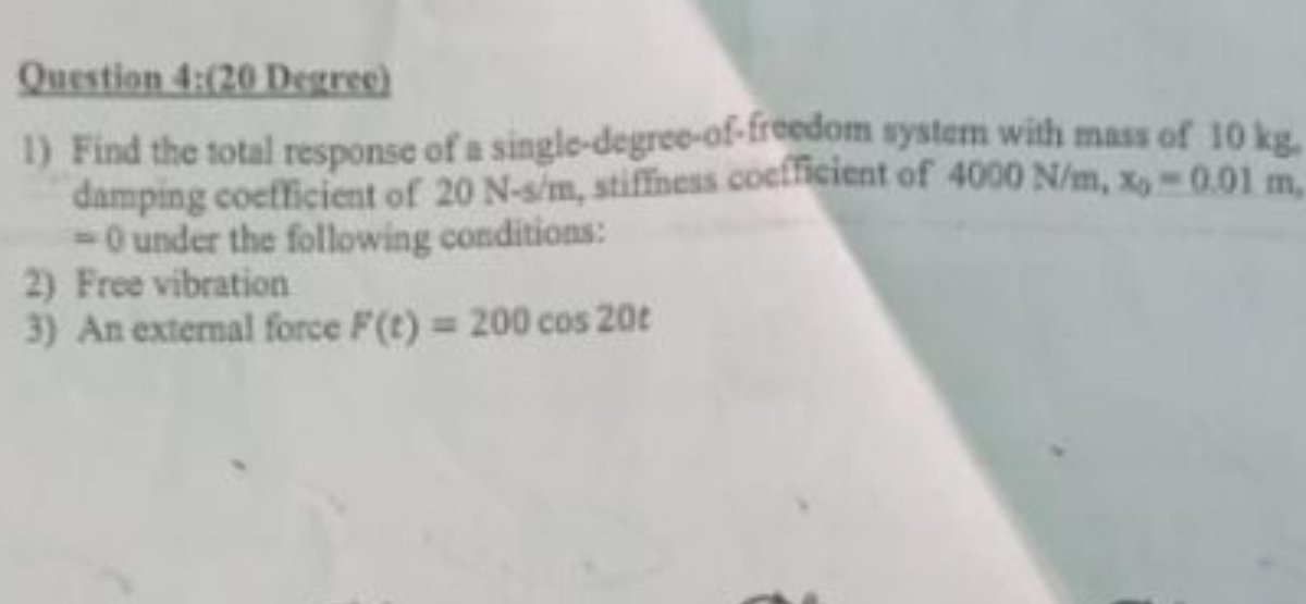 Question 4: 1) Find the total response of a single-degree-of-freedom sys..
