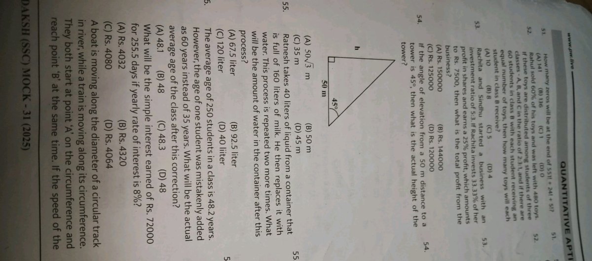 If the angle of elevation from a 50 m distance to a tower is 45°, then wh..