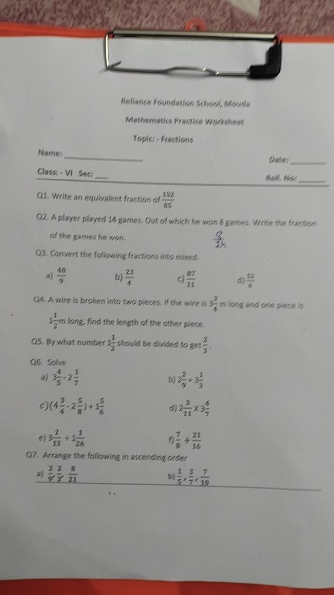Reliance Foundation School, Mouda Mathematics Practice Worksheet Topic: F..