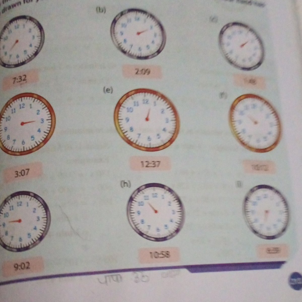 The image shows several analog clocks with times written below them. The