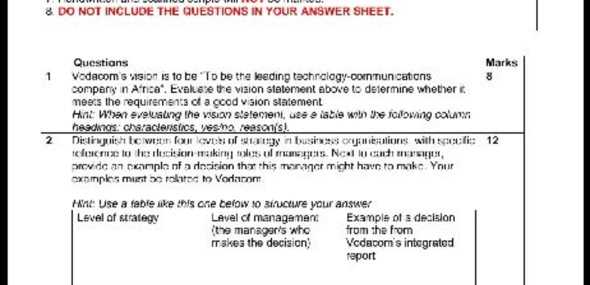 Questions Question 1 (8 Marks) Vodacom's vision is to be "To be the lead..