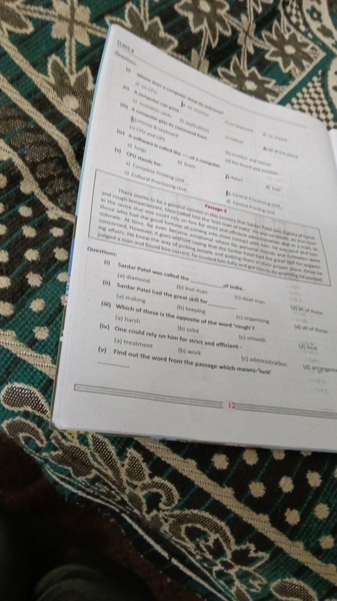CLASS 9 Questions (I) Where does a computer show its outcome? (a) on CP..