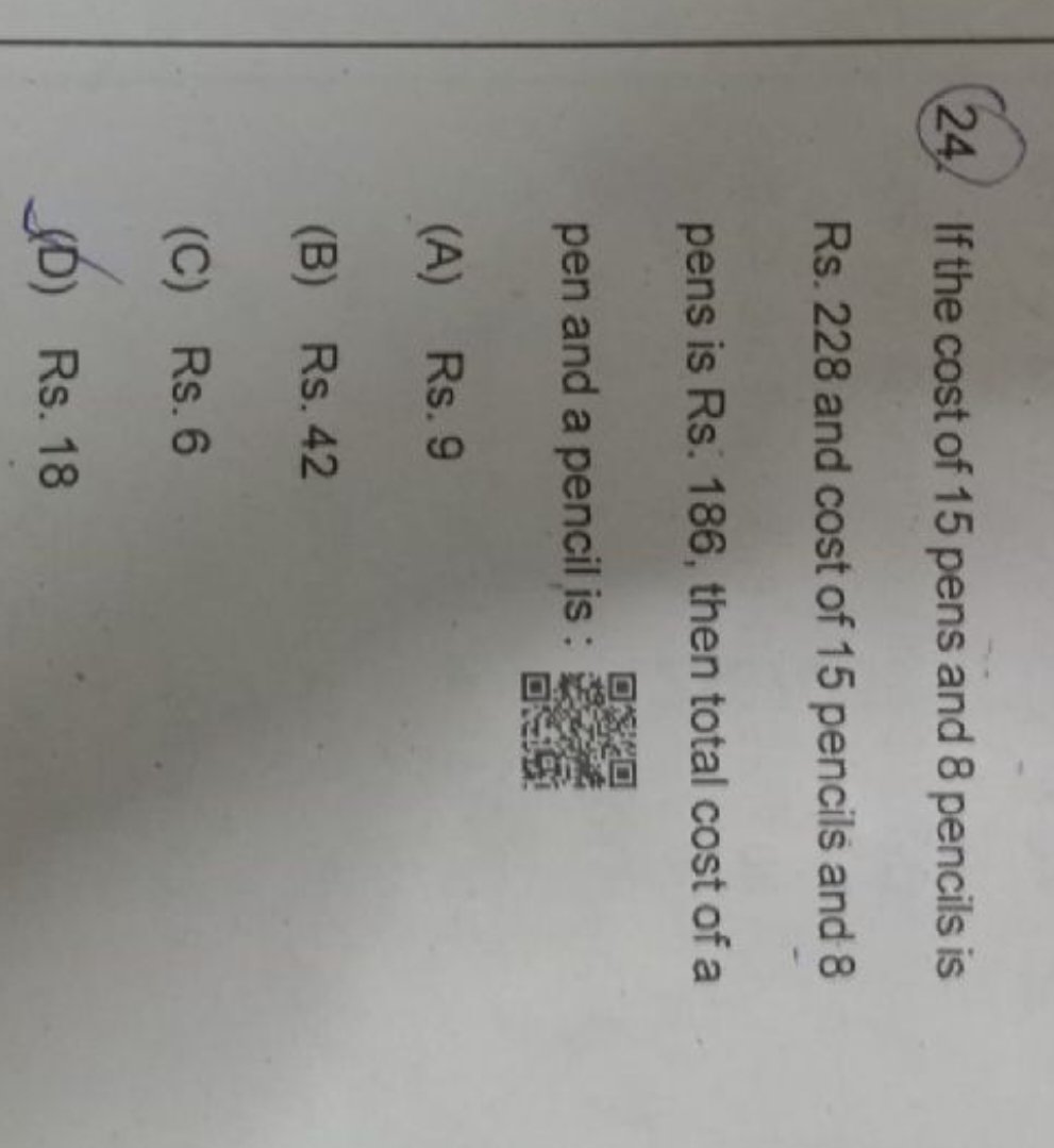 If the cost of 15 pens and 8 pencils is Rs. 228 and cost of 15 pencils an..