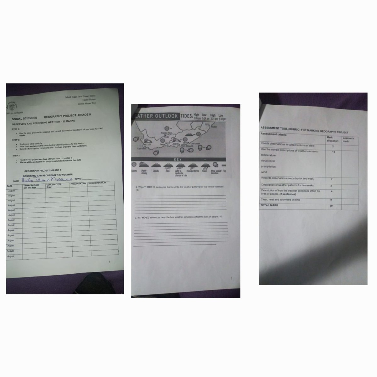 The image shows a Grade 5 Geography project on observing and recording we..