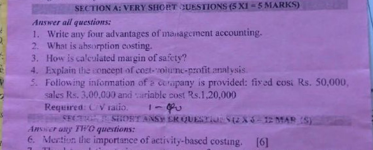 SECTION A: VERY SHORT QUESTIONS (5 X 1 = 5 MARKS) Answer all questions: