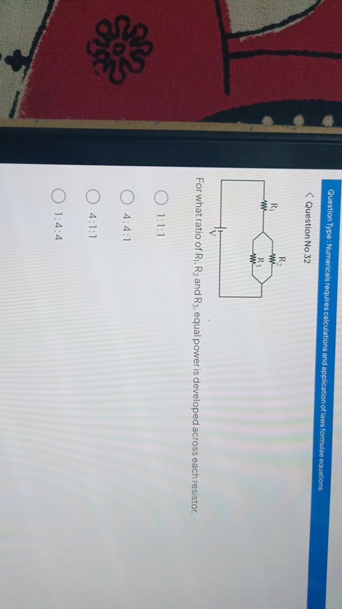 For what ratio of R1, R2 and R3, equal power is developed across each res..