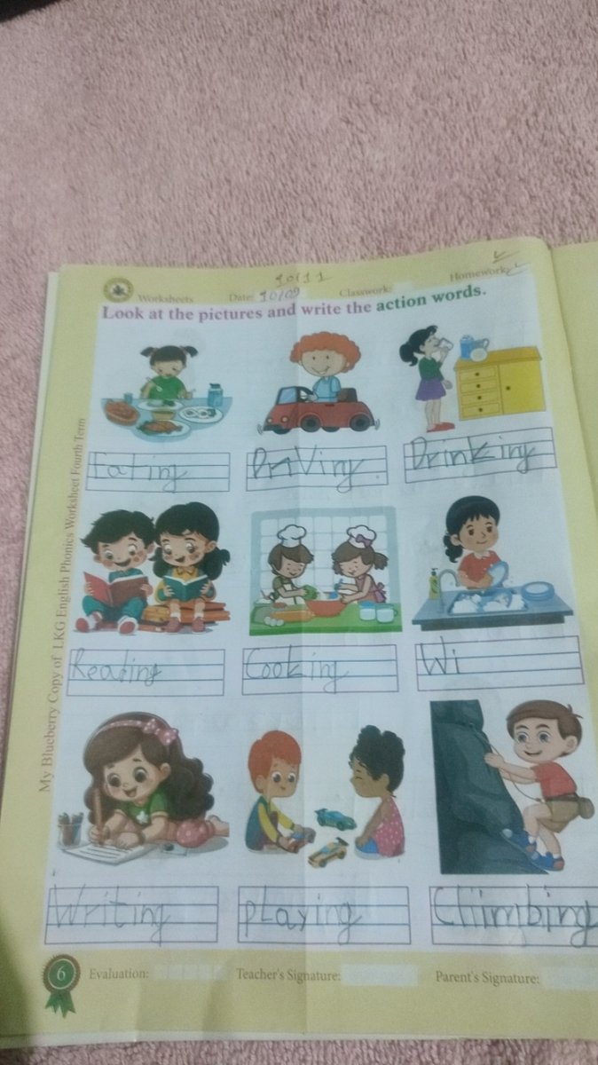 Look at the pictures and write the action words. (The question contains