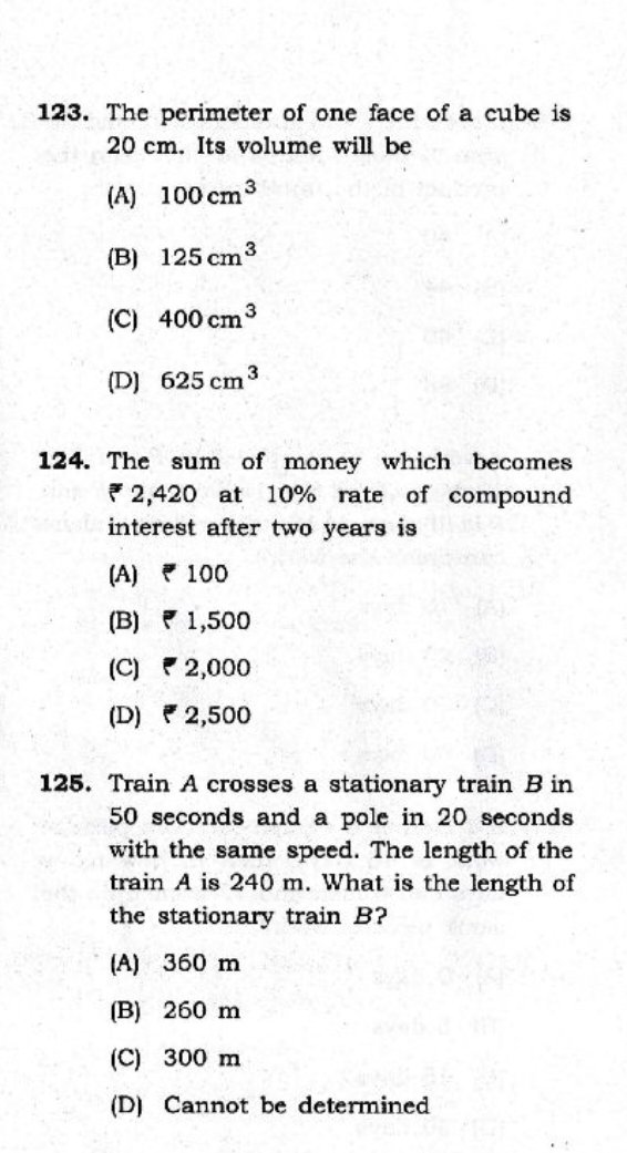 The perimeter of one face of a cube is 20 cm. Its volume will be (A) 100