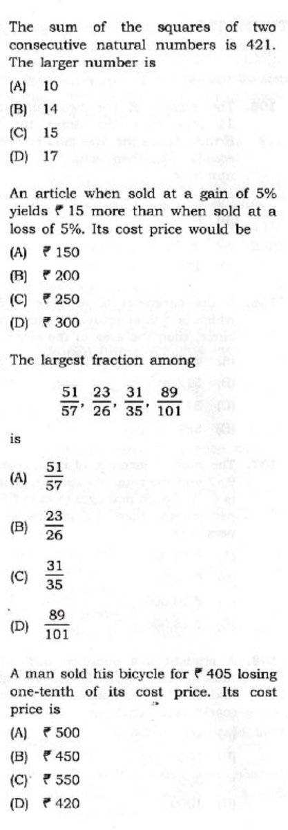 The sum of the squares of two consecutive natural numbers is 421. The lar..