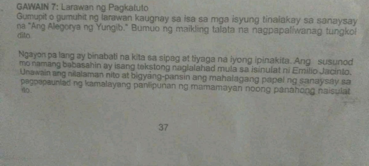 GAWAIN 7: Larawan ng Pagkatuto Gumupit o gumuhit ng larawan kaugnay sa i..