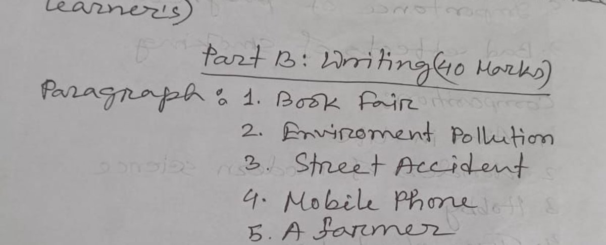 Part B: Writing (40 Marks)\nWrite a paragraph on one of the following top..