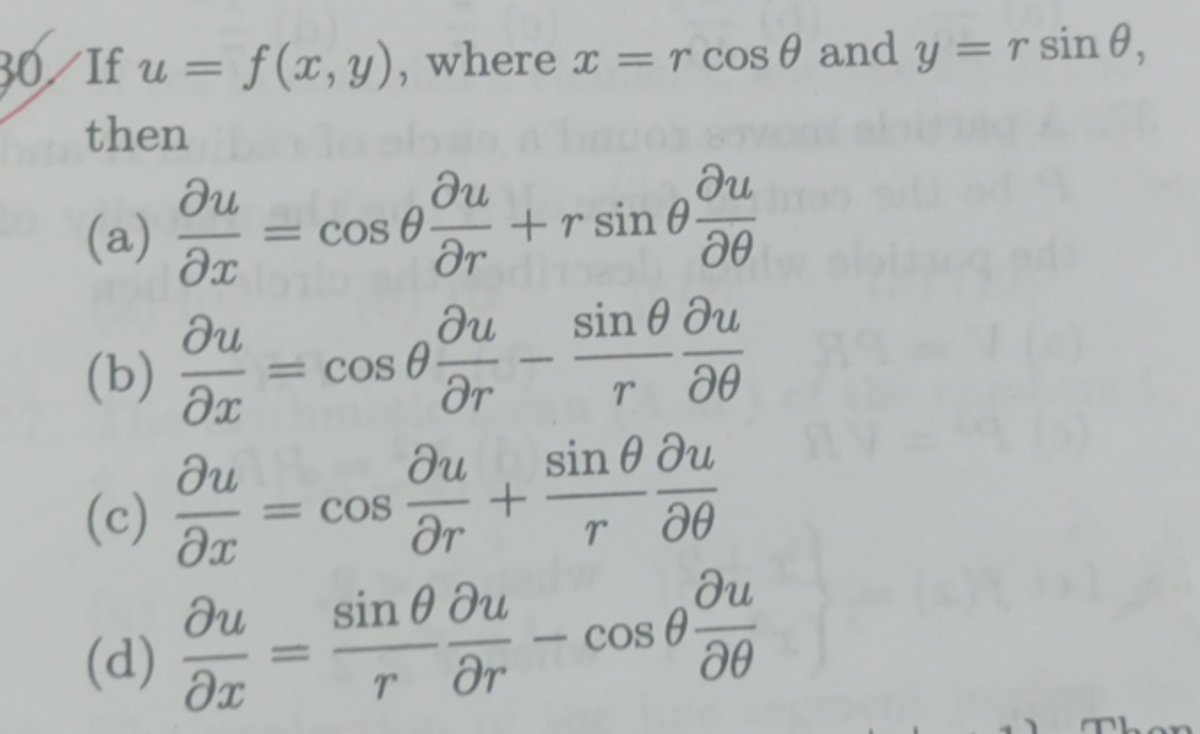If u = f(x,y), where x = r cos θ and y = r sin θ, then (a) ∂u/∂x = cos θ..