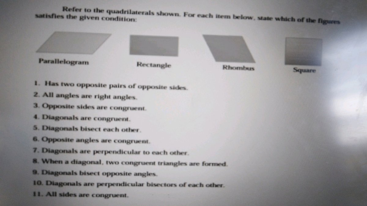 Refer to the quadrilaterals shown. For each item below, state which of th..