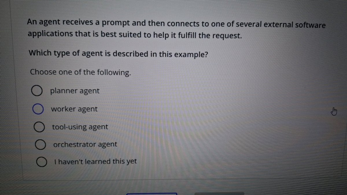 An agent receives a prompt and then connects to one of several external s..