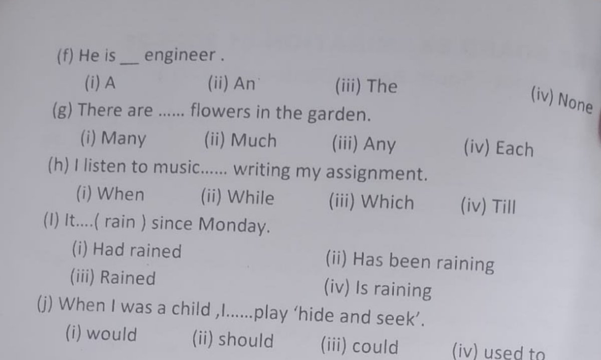 (f) He is __ engineer. (i) A (ii) An (iii) The (iv) None (g) There are ...