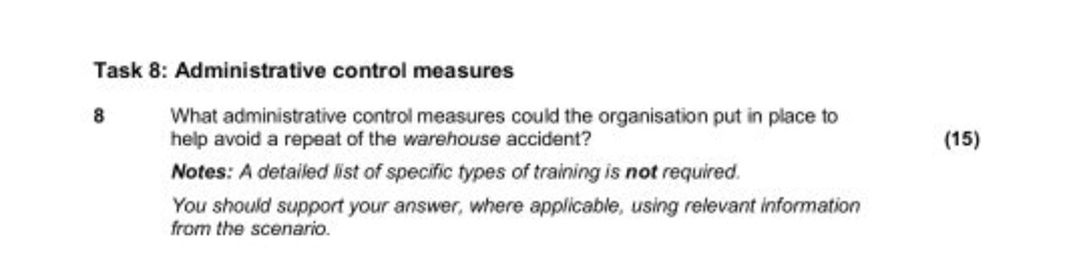 Task 8: Administrative control measures What administrative control meas..