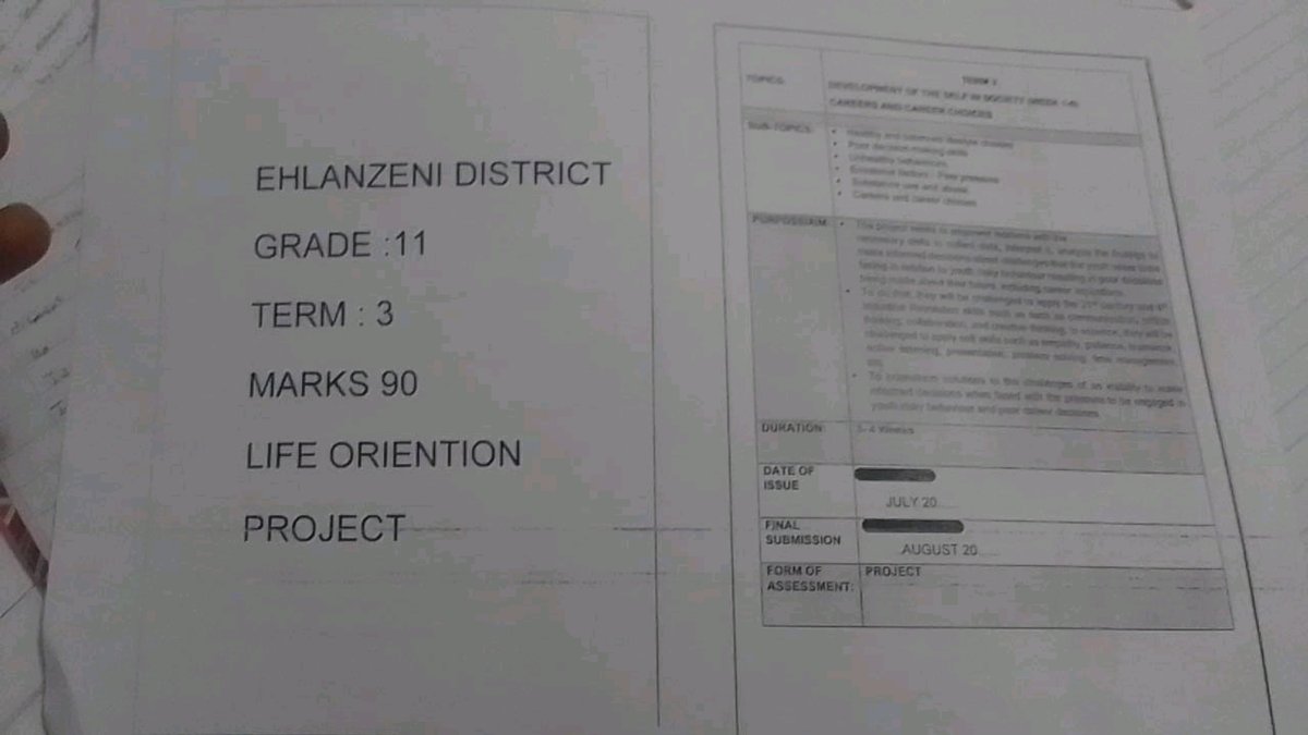 EHLANZENI DISTRICT GRADE: 11 TERM: 3 MARKS 90 LIFE ORIENTATION PROJECT TO..