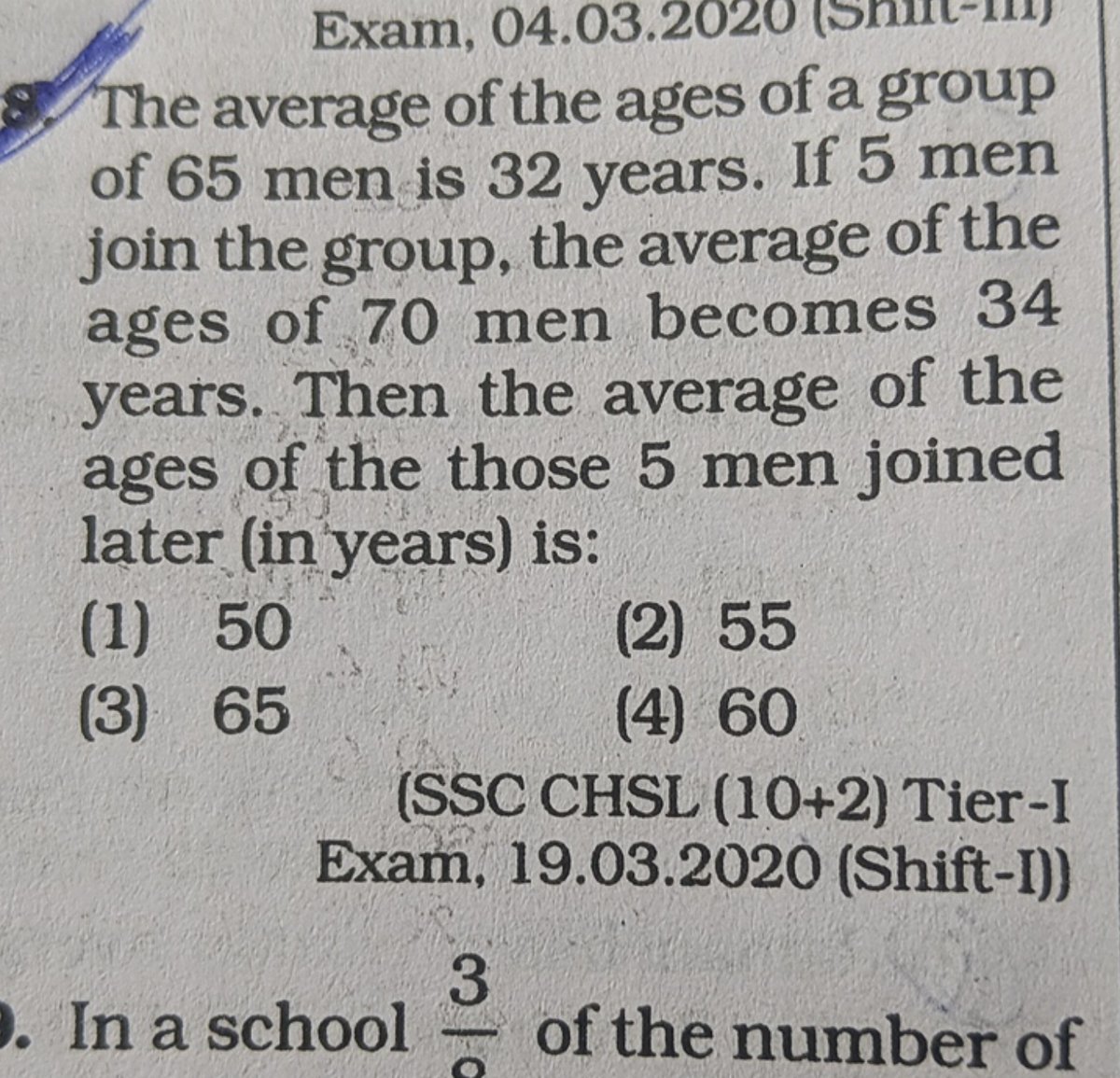 The average of the ages of a group of 65 men is 32 years. If 5 men join t..
