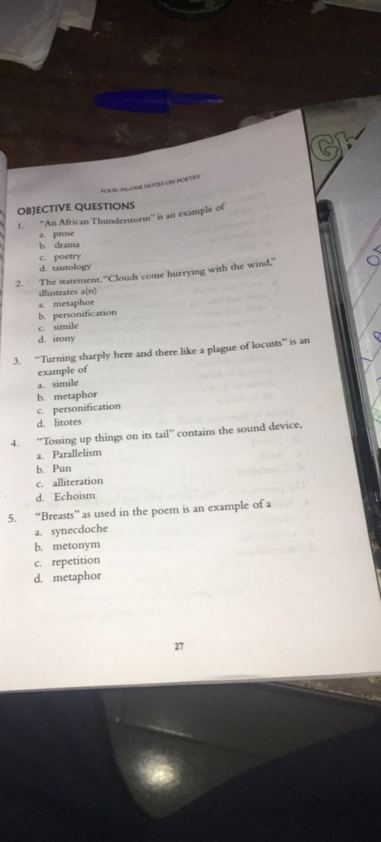 FOUR-IN-ONE NOTES ON POETRY OBJECTIVE QUESTIONS "An African Thunderstor..